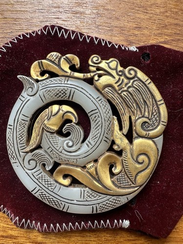 Vtg/Antique white jade pendant(necklace)24K gold paint,phoenix bird.Art ...