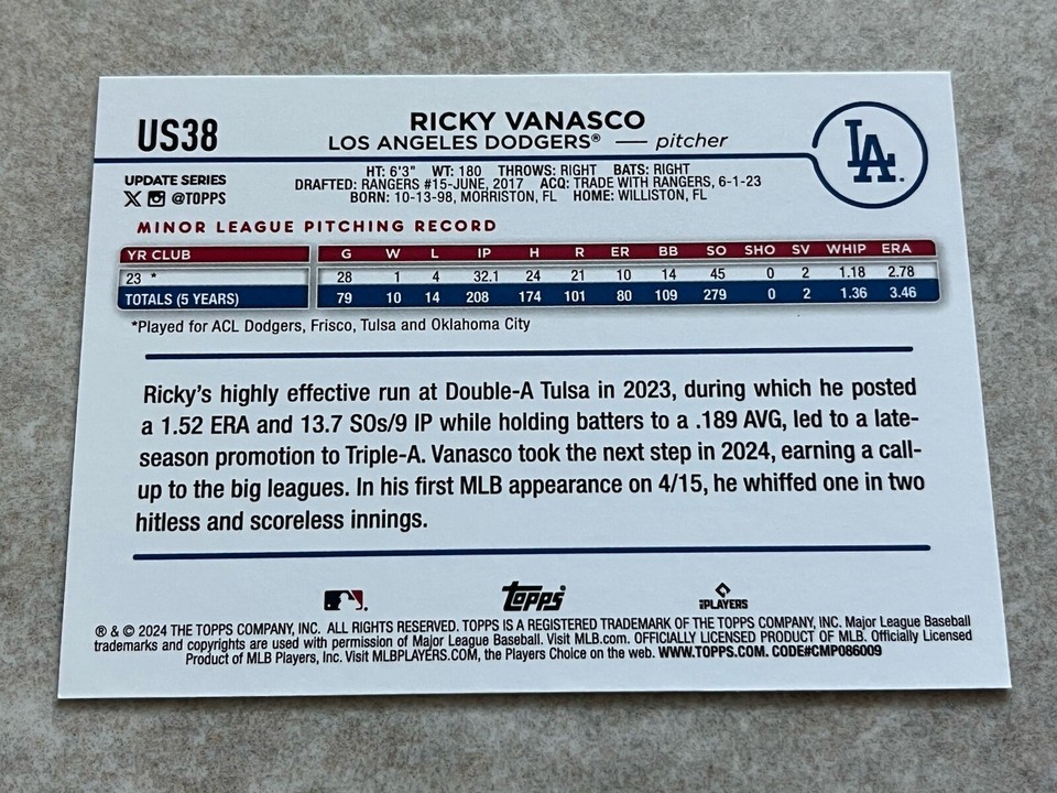 2024 Topps Update Series #US38 Ricky Vanasco RC Rookie MLB LA Dodgers ...