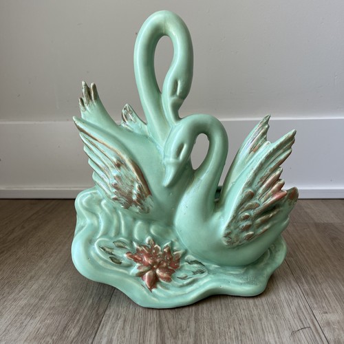 Vintage Hull Pottery Double Swan & Water Lily Planter Green Gold USA ...