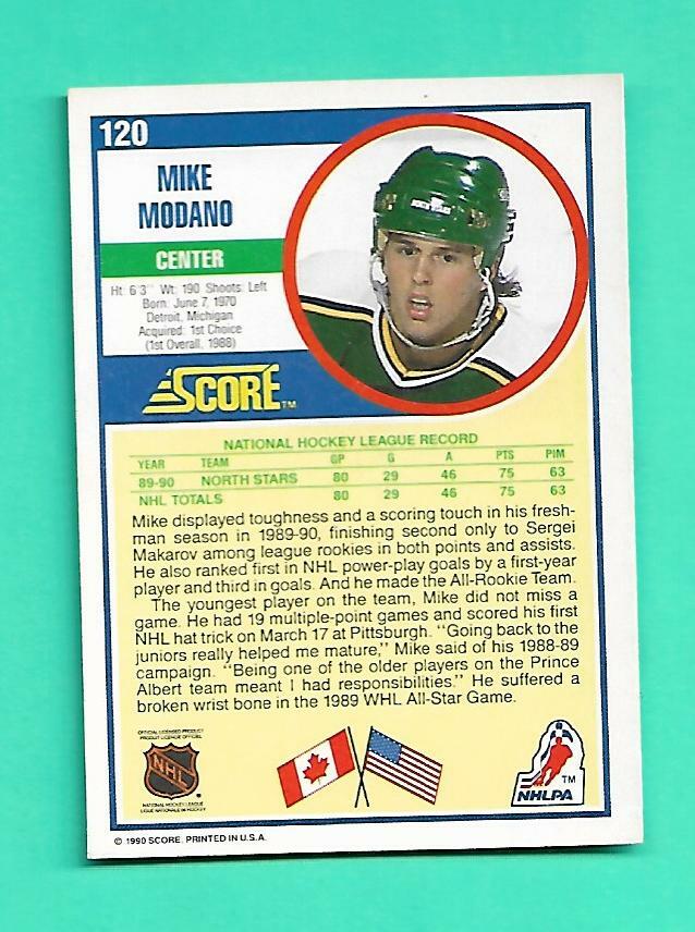 (1) MIKE MODANO 1990-91 SCORE # 120 NORTH STARS ROOKIE NM CARD (V5492 ...