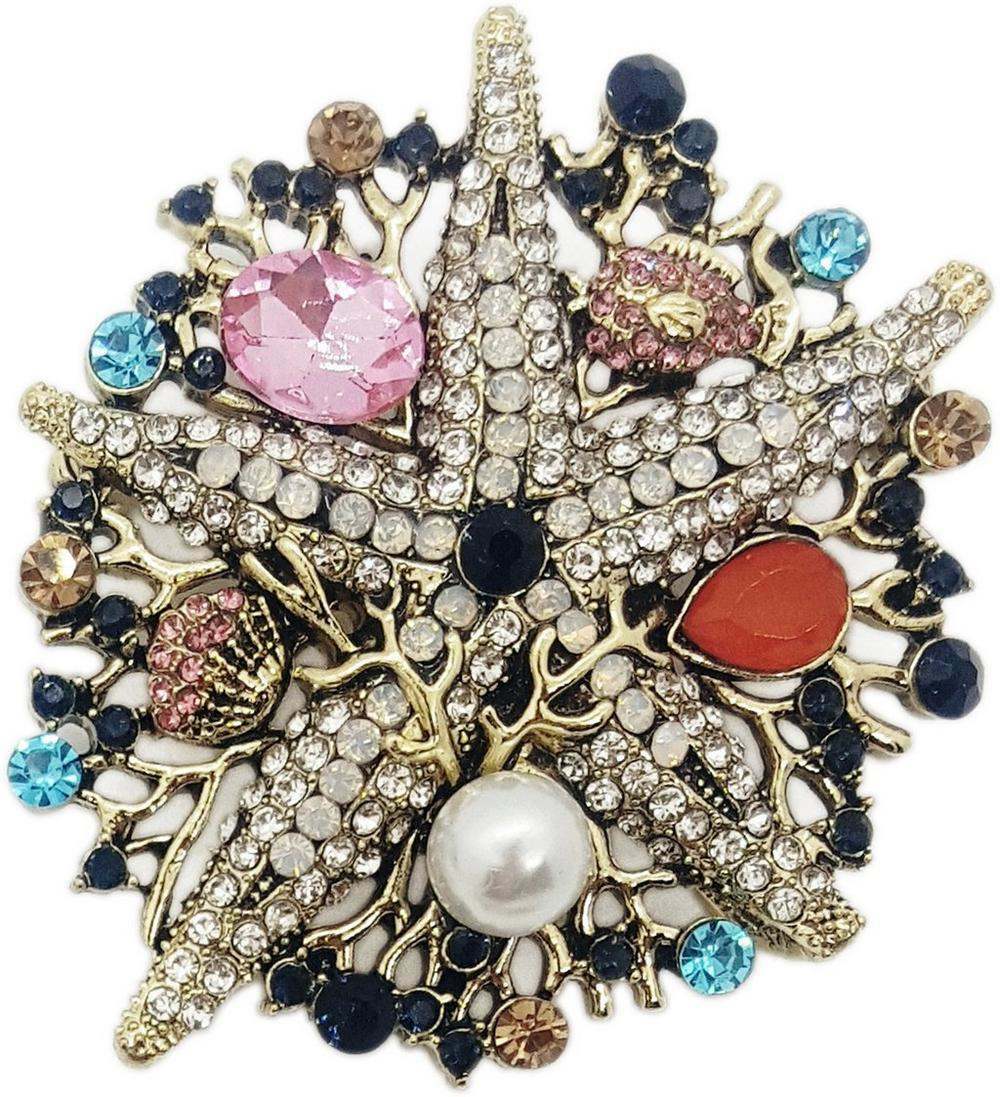 Starfish Coral Reef Brooch Pin Pendant Gold Tone Gems Rhinestones Pearl ...