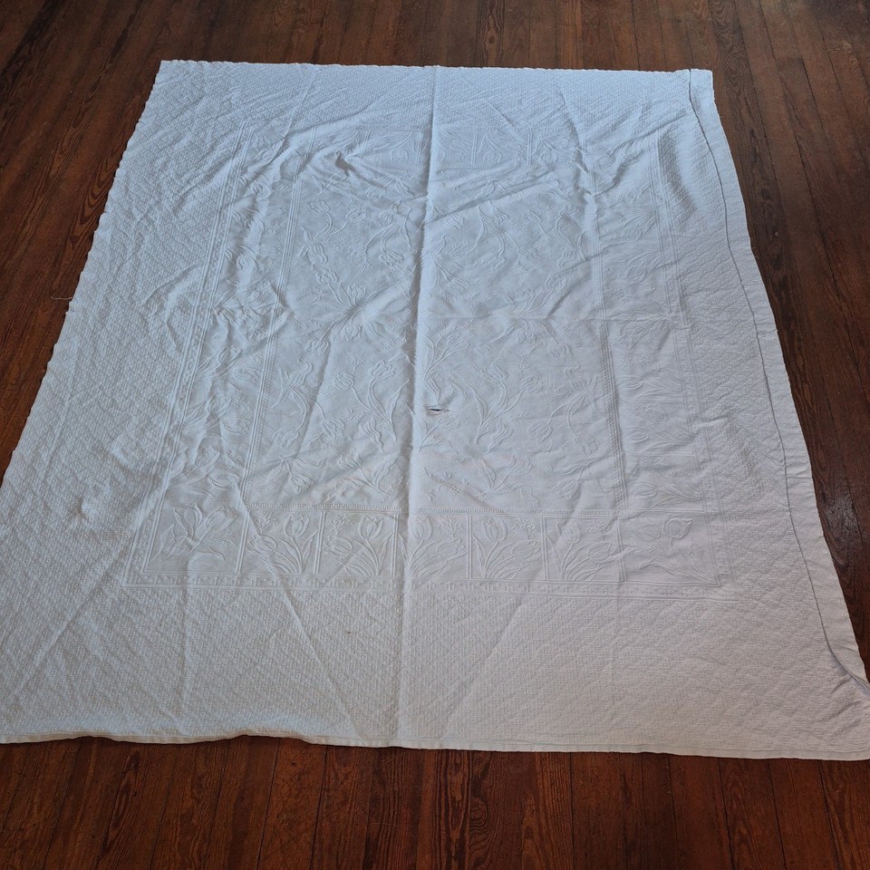 Vintage White Cotton Damask Tablecloth Tulip Floral 176x228cm Heavy ...