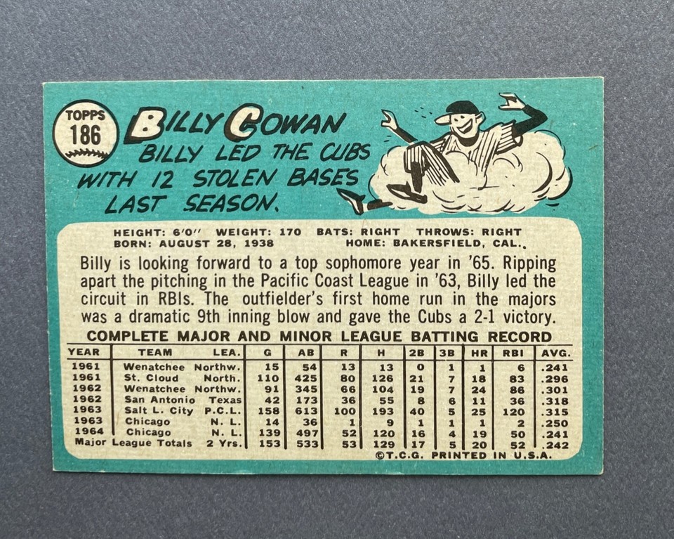 1965 Topps Baseball Billy Cowan #186 Chicago Cubs Vintage Card | eBay