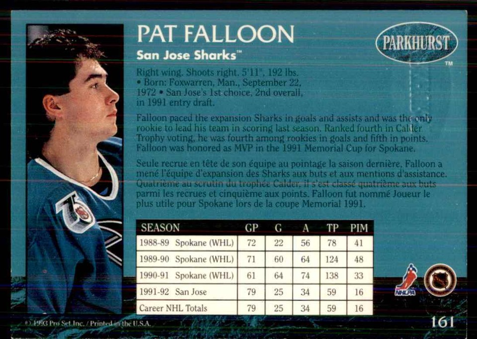 1992-93 Parkhurst Emerald Ice Pat Falloon San Jose Sharks #161 | eBay
