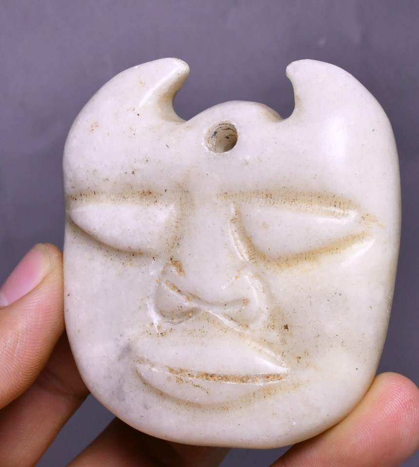 6CM China Hongshan Culture Old White Jade Carve People Person Face Head ...