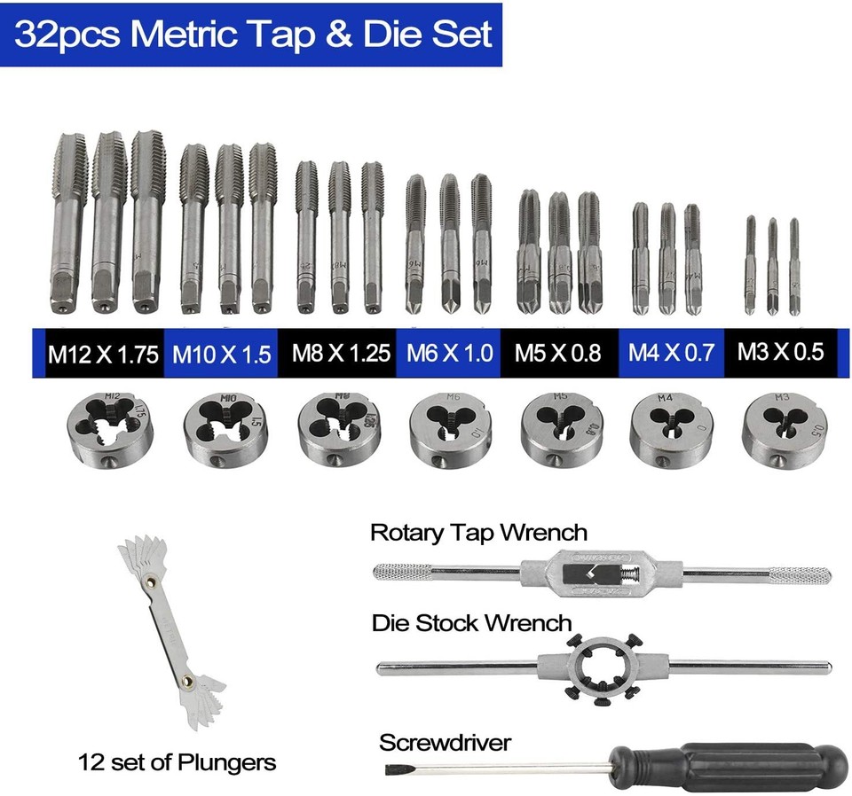 32pcs Tap and Die Set, Metric Hardened Steel Tool Set Threading ...