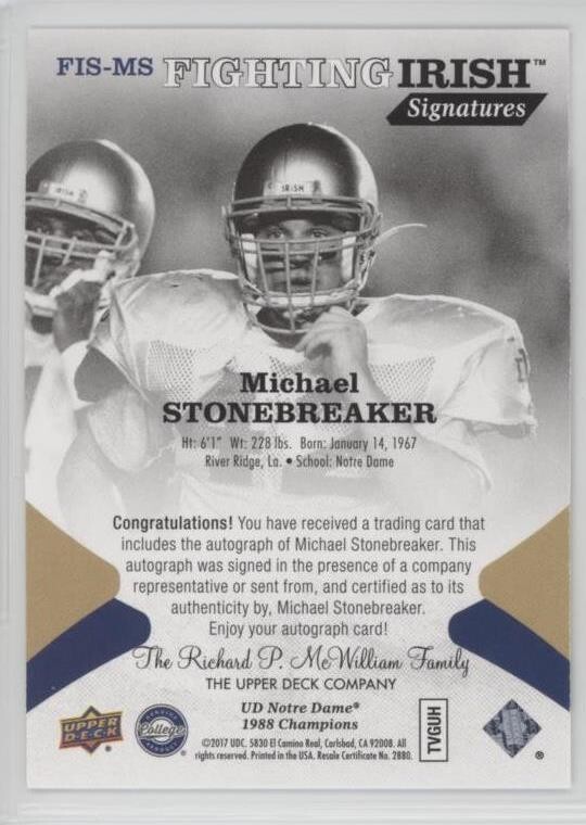 Michael Stonebreaker Notre Dame 1988 Champions Fighting Irish ...