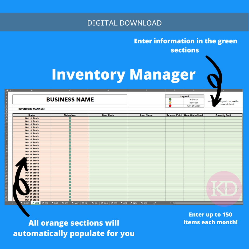 Inventory Management Excel Spreadsheet - 12 month Inventory Tracker | eBay