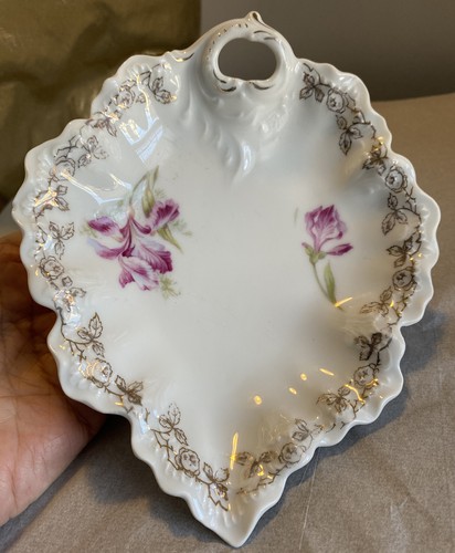 GERMANY WELMAR CANDY Dish Pink Orchids Gold Floral Accent Leaf Shape ...
