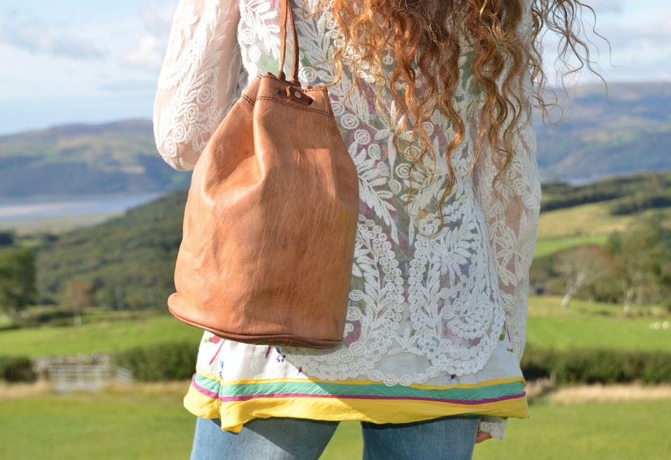 Organic Leather Drawstring Bucket Duffel Bag Backpack Rucksack Moroccan ...