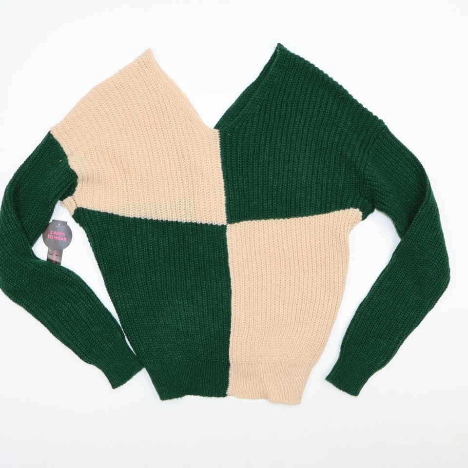 NEW No Boundaries Juniors' Twist Two Ways Sweater Ivory Gteen M (7-9) V ...