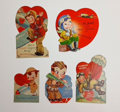 Vintage Valentine Day Card Military Soldier Shell Airplane Pilot Diecut ...