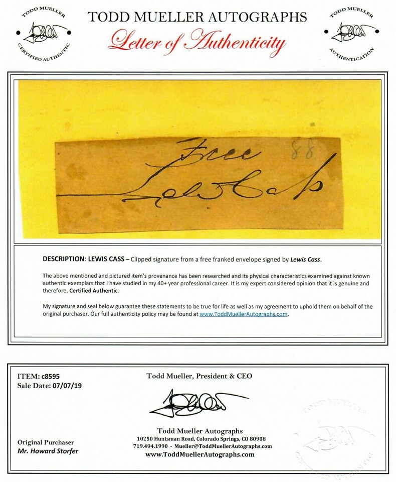 RARE! "Jackson’s Secretary of War" Lewis Cass Clipped Signature COA | eBay
