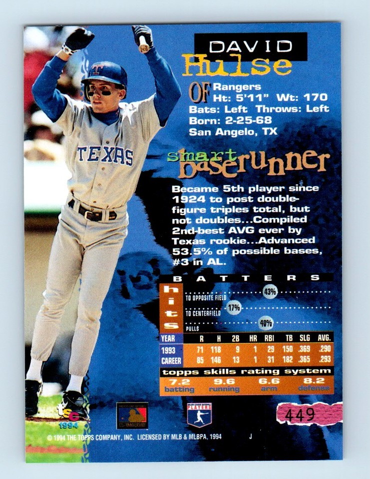 1994 Topps Stadium Club David Hulse Texas Rangers #449 | eBay
