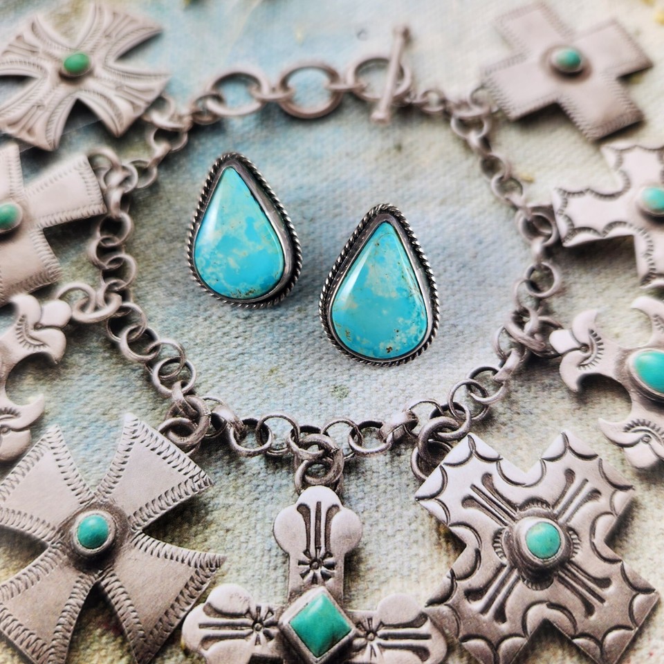 Vintage Geneva Apachito Turquoise Sterling Silver Earrings Signed | eBay