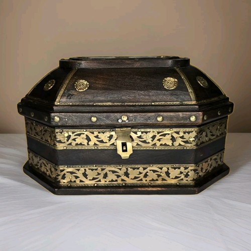 VTG Wooden Box Brass Scroll Latch Asian Jewelry Pirate Treasure Booty ...