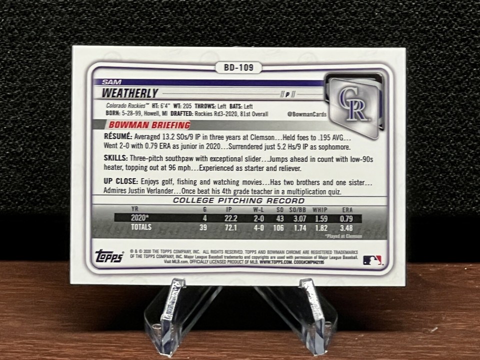 SAM WEATHERLY 2020 Bowman Chrome Draft 1st Rookie Card Rockies Prospect ...