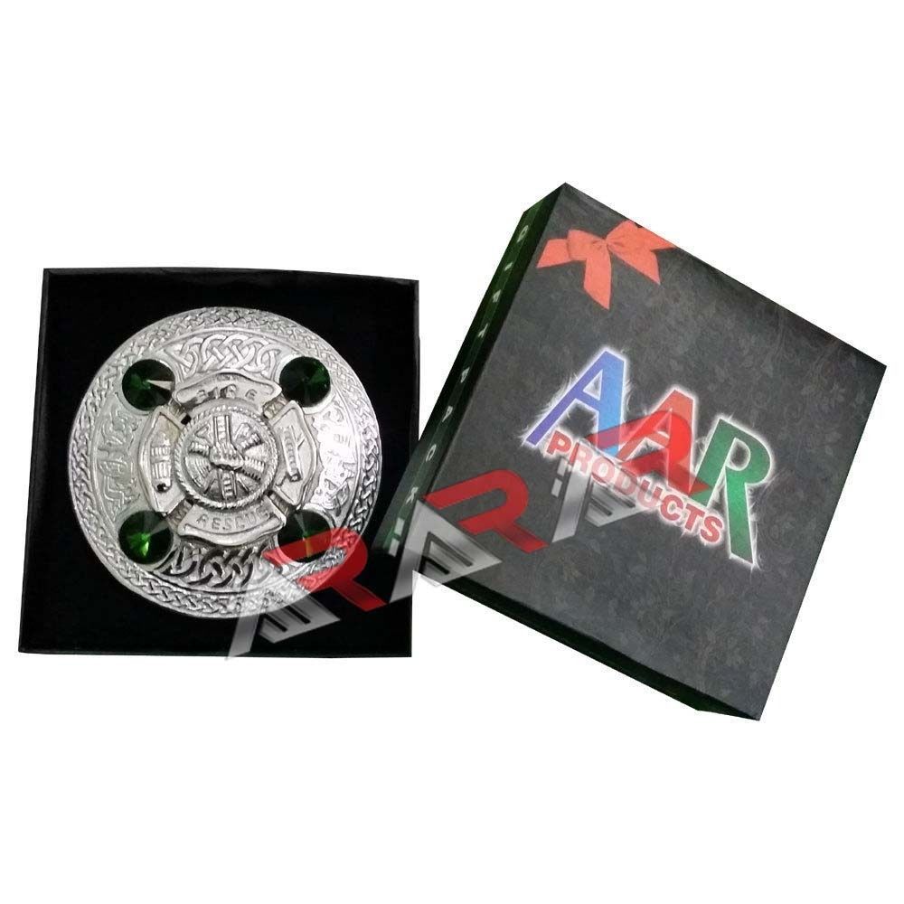 New Kilt Fly Plaid Brooch 4 Green Stone Firefighter Insignia 4" Chrome ...