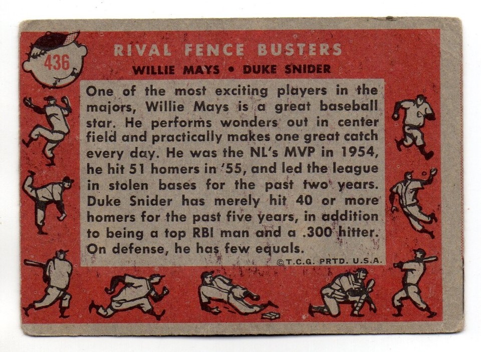 1958 TOPPS #436 RIVAL FENCE BUSTERS MAYS/SNIDER VG-VGEX VINTAGE 1950S ...