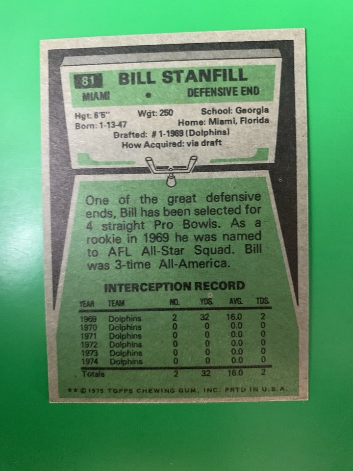 1975 Topps Bill Stanfill Miami Dolphins #81 | eBay