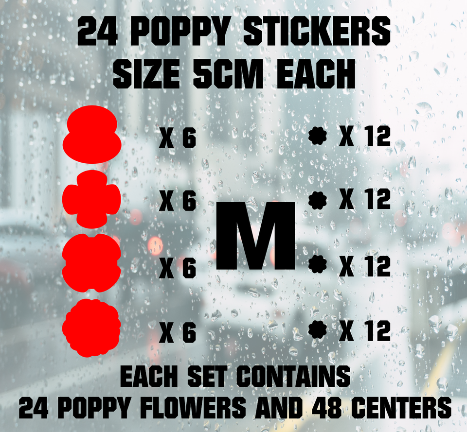 24 Poppy Stickers Remembrance for Window Car Craft Art Lest We Forget ...
