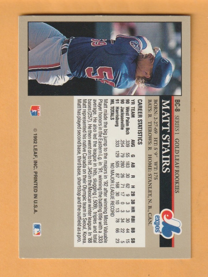 Matt Stairs Montreal Expos 1992 Leaf Gold Rookies #BC8 | eBay