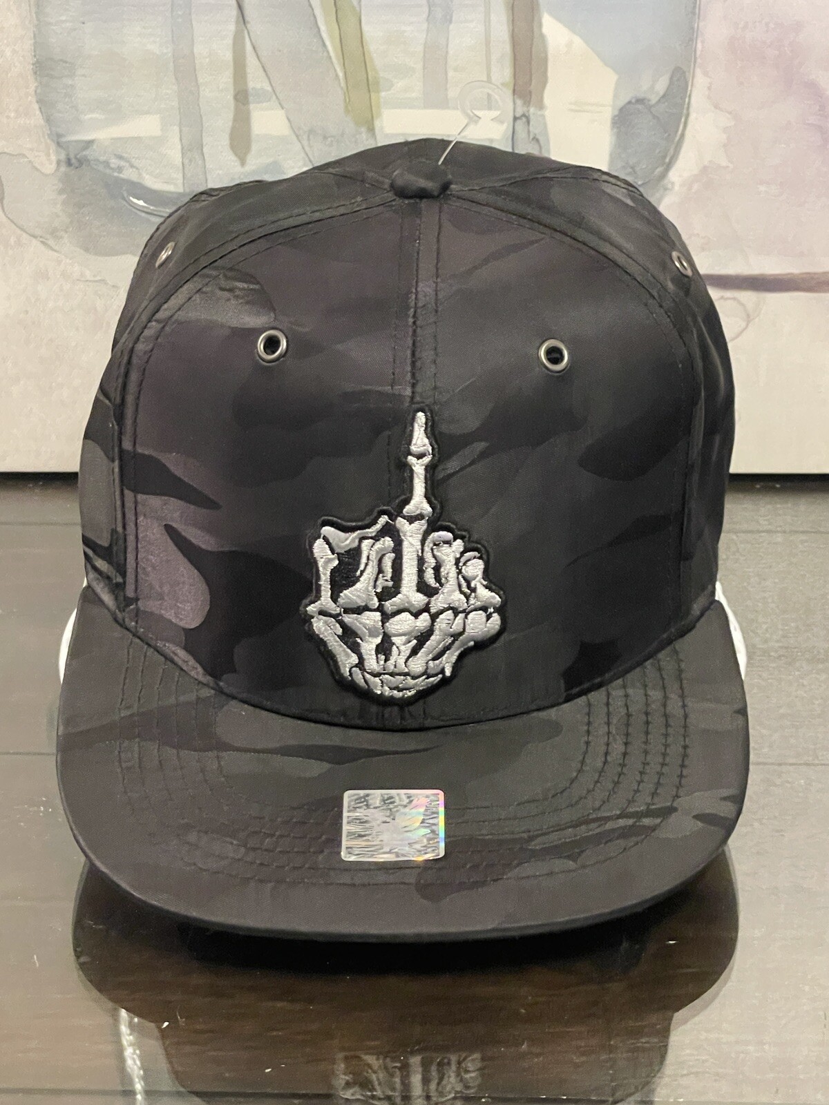 Ace Caps Skeleton Middle Finger Logo Snapback Hat Bla… - Gem