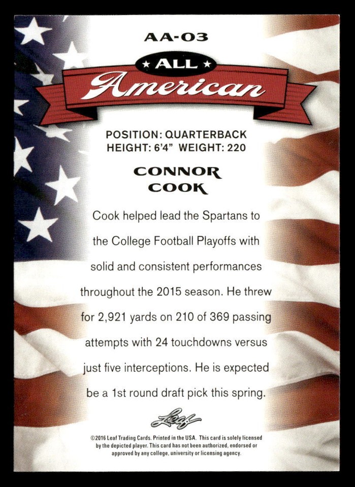 Connor Cook 2016 Leaf Draft All American Card #AA-03 Michigan State ...
