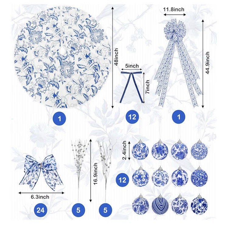 60 Pcs Christmas Chinoiserie Tree Decoration Set Tree Topper Bows Bulbs ...