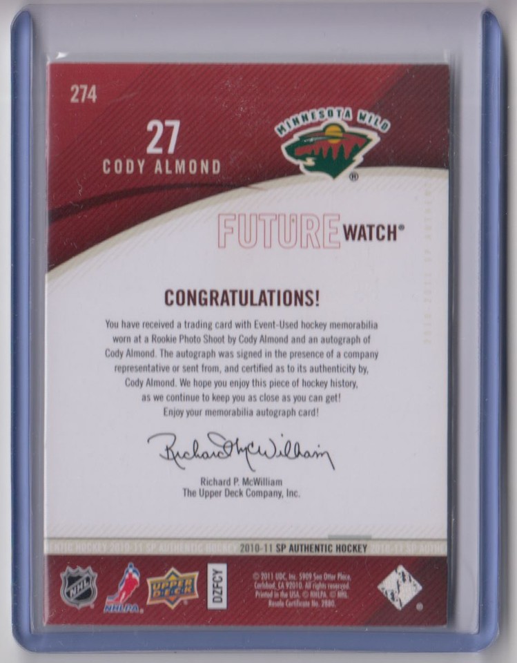 2010-11 SP Authentic Future Watch Patch Autograph Cody Almond RC Auto ...