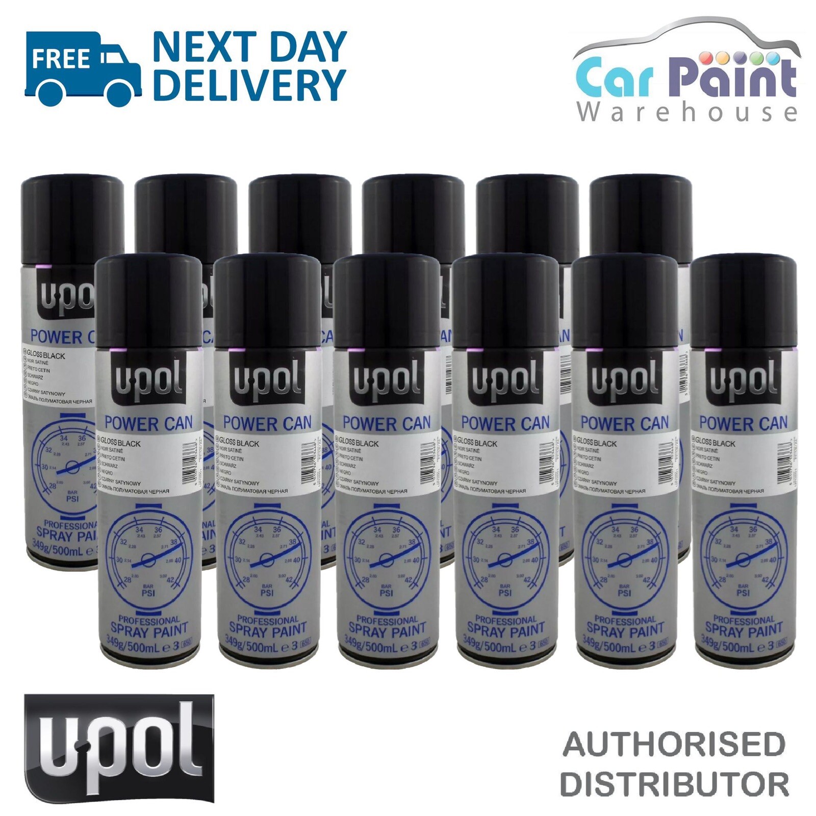12 x U-POL Power Can Gloss Black 500ml Aerosol Spray Cans UPOL Powercan ...