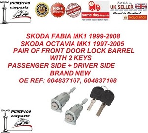 SKODA FABIA MK1 OCTAVIA MK1 FRONT DOOR LOCK BARREL CYLINDER& 2 KEYS SET ...