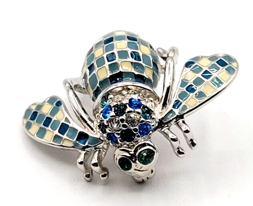 JOAN RIVERS BLUE CHECKERBOARD BEE BROOCH SILVER TONE ENAMEL RHINESTONE ...