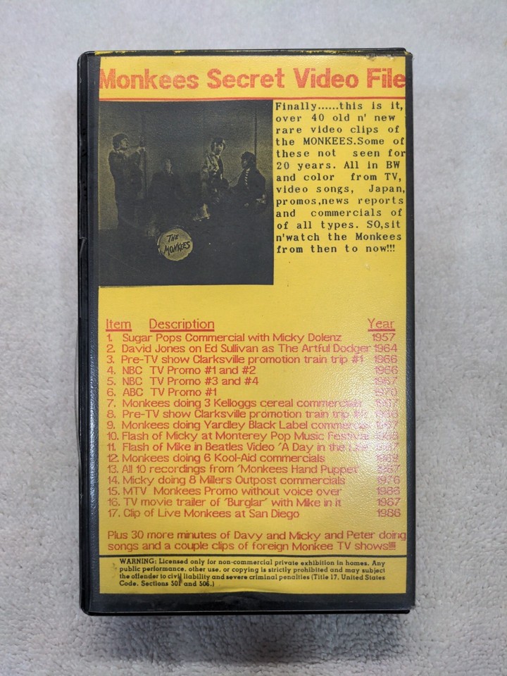 The Monkees Secret Video File VHS MSVF1 Yellow Davy Jones Peter Tork ...