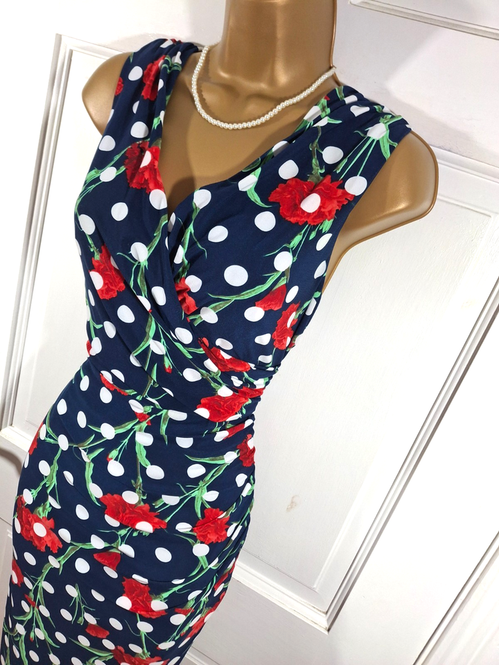 Gina Bacconi Blue & Red Floral & Polka Dot Lined Dress, UK 16, New With ...