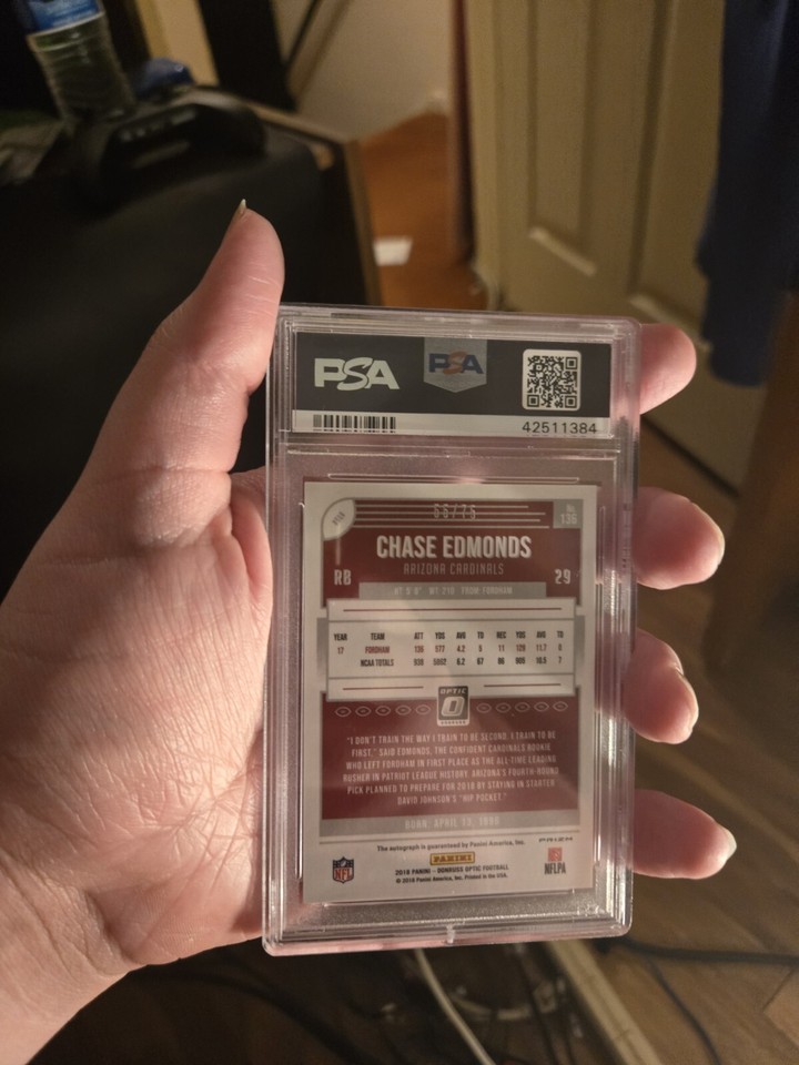 2018 Chase Edmonds Panini Optic Auto Blue #136 RC Rookie PSA 10 Gem ...