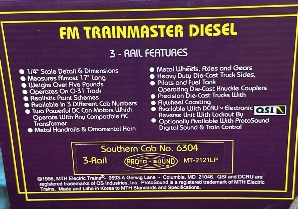 MTH Premier 20-2121LP SOUTHERN FM TRAINMASTER Diesel Engine #6304 O ...