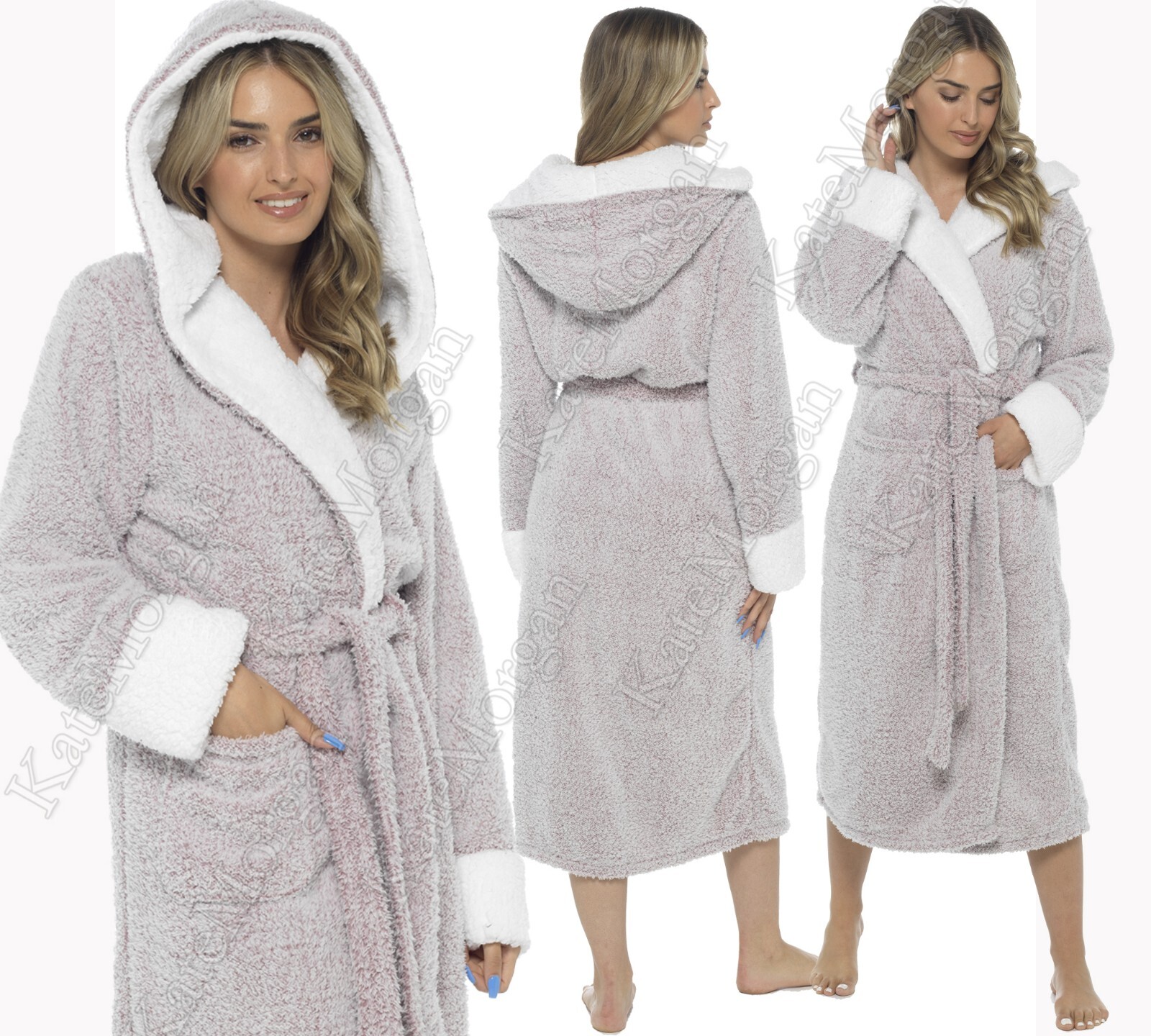 LADIES DRESSING GOWN SOFT & COSY SHIMMER SNUGGLE HOODED FLEECE ROBE ...
