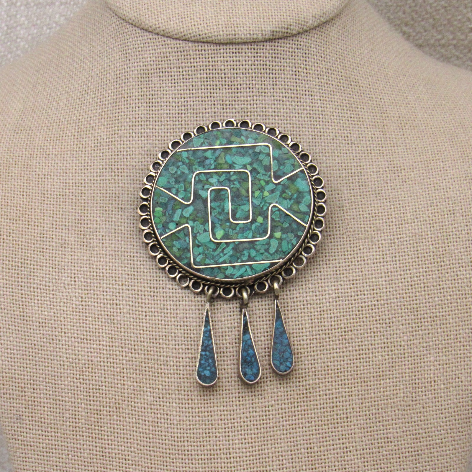 Mexico Sterling Silver Chip Inlay Pin Pendant + - Gem