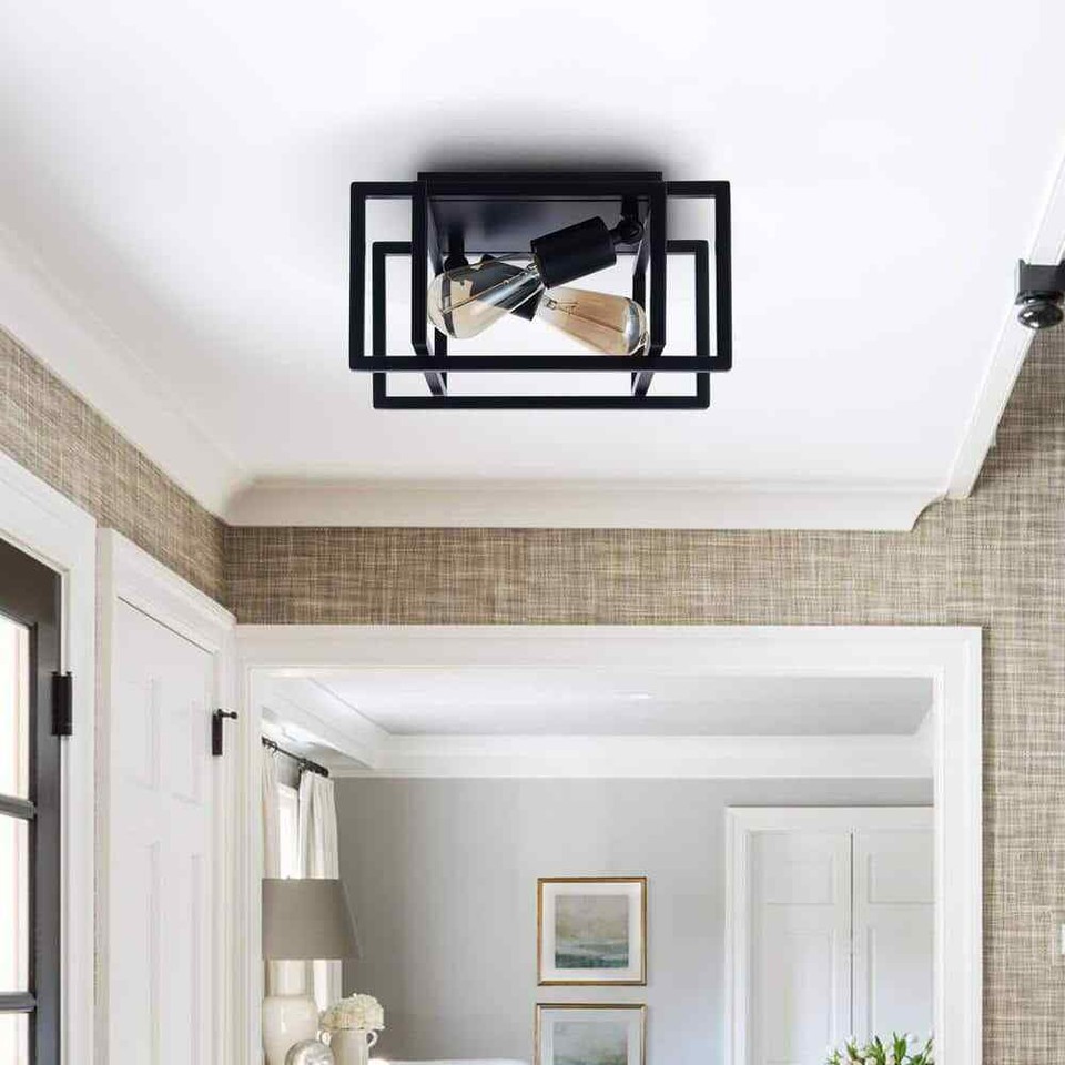 Merra 12 in. 2-Light Matte Black Open Geometric Frame Flush Mount | eBay