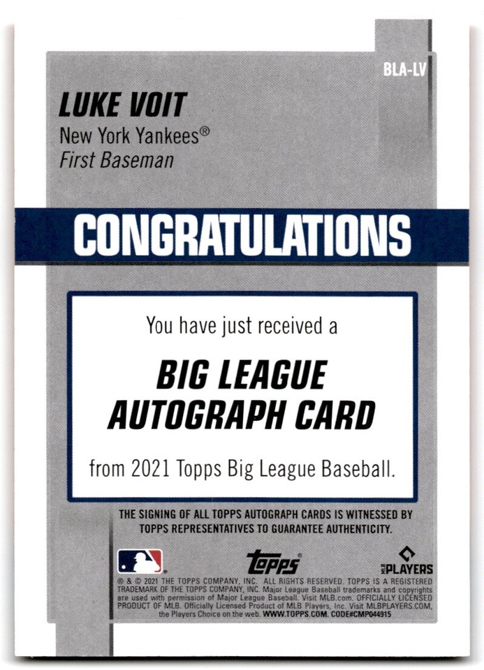 2020 TOPPS BIG LEAGUE AUTO ORANGE Luke Voit Auto /99 New York Yankees ...
