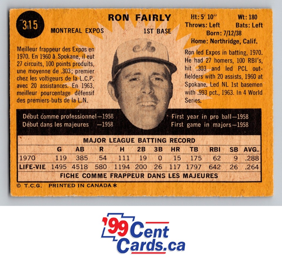 Ron Fairly 1971 O-Pee-Chee Baseball #315 Montreal Expos | eBay