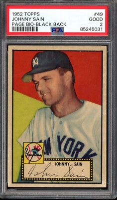 1952 Topps #49 Johnny Sain PSA 2 Black Back Error - Page Bio Baseball ...