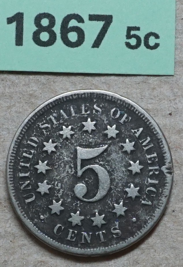 1867 SHIELD NICKEL NO RAYS 5 CENT US COIN VG-F ......SEE OTHER US COINS ...