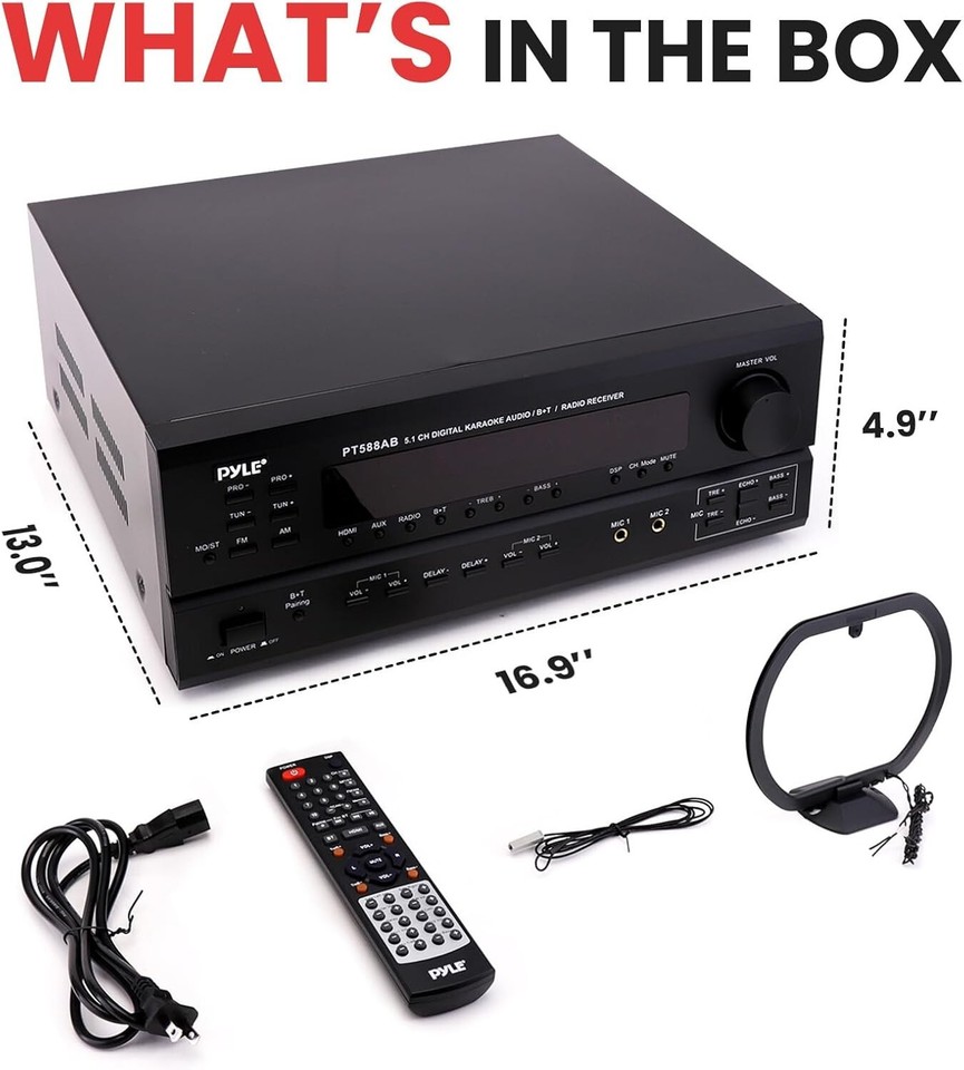 Pyle PT588AB 5.1 Home Theater Bluetooth Receiver – HDMI, AUX, RCA, Mic ...