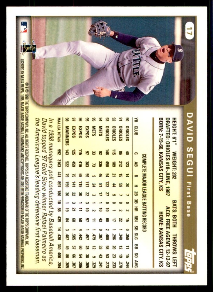 1999 Topps Baseball Card David Segui Seattle Mariners #17 | eBay