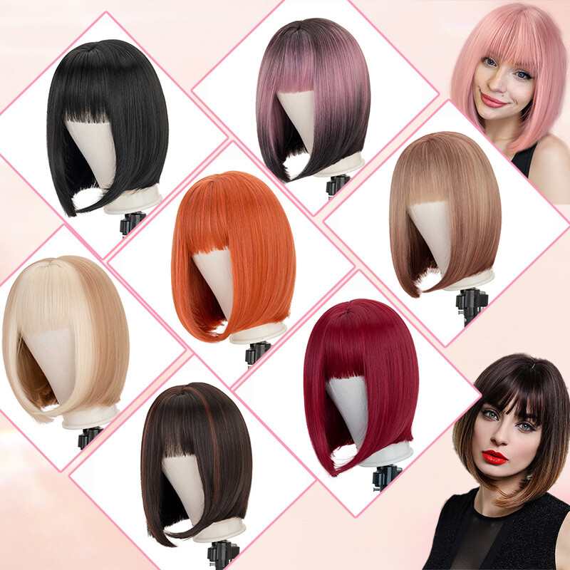 Lady Short Hair Bob Wigs Straight Ash Blonde Hair Wig Cosplay Party ...
