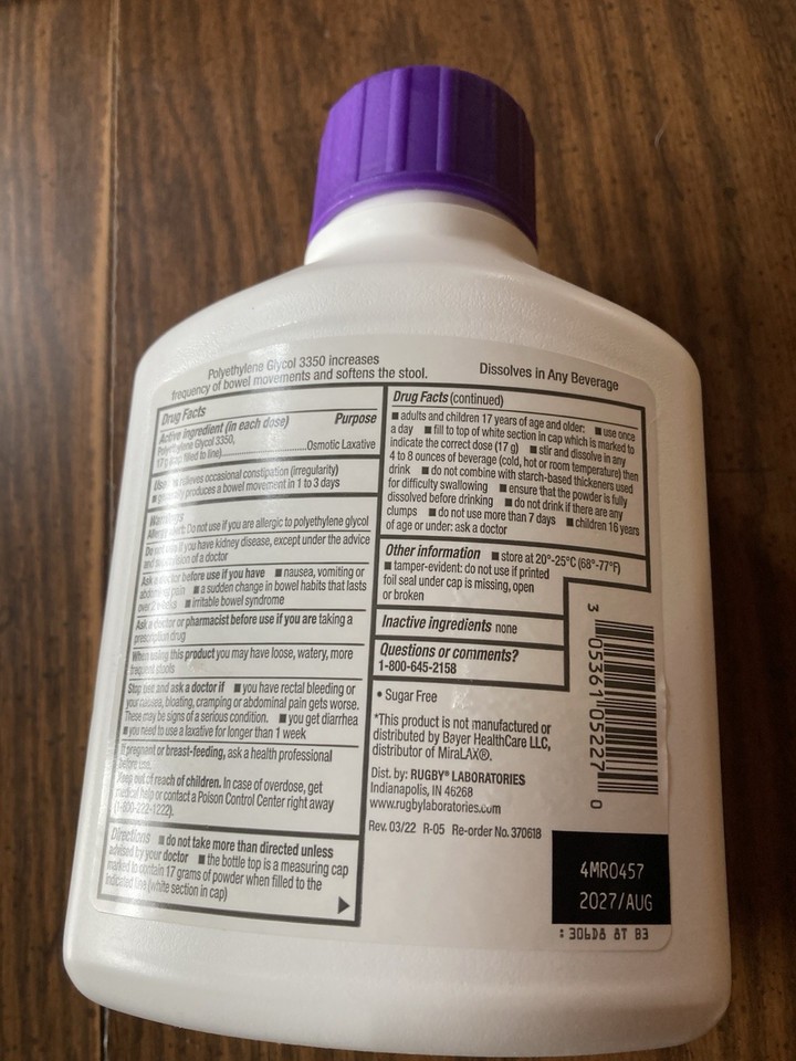 Rugby PEG 3350 Osmotic Laxative Powder 60 Doses MiraLAX Polyethylene ...