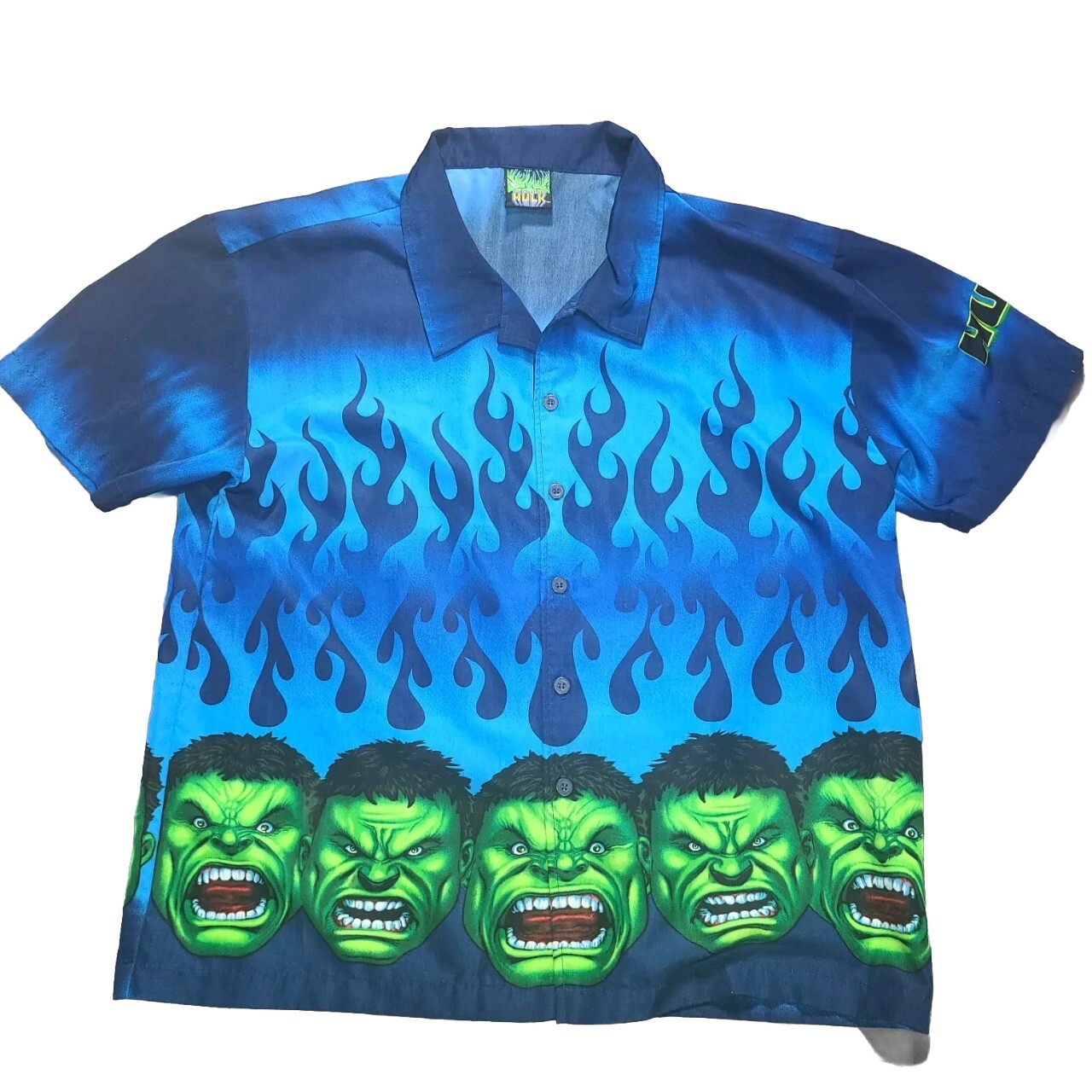 MARVEL 2002 INCREDIBLE HULK BLUE FLAMES BUTTON DOWN S… - Gem