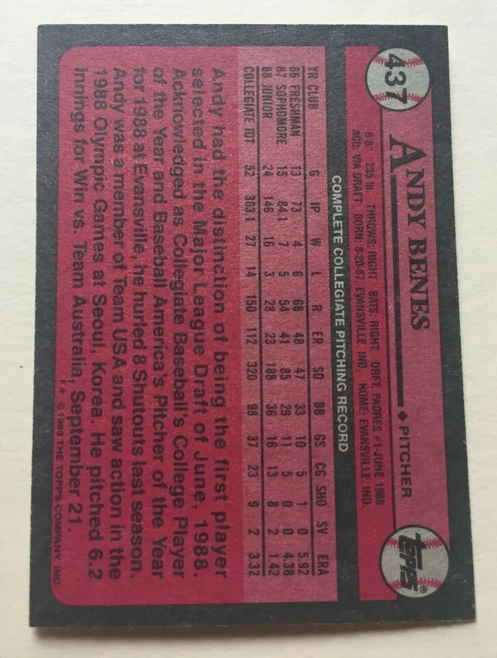 1989 Topps Andy Benes #1 Draft Pick Rookie #437 San Diego Padres 1.00 ...
